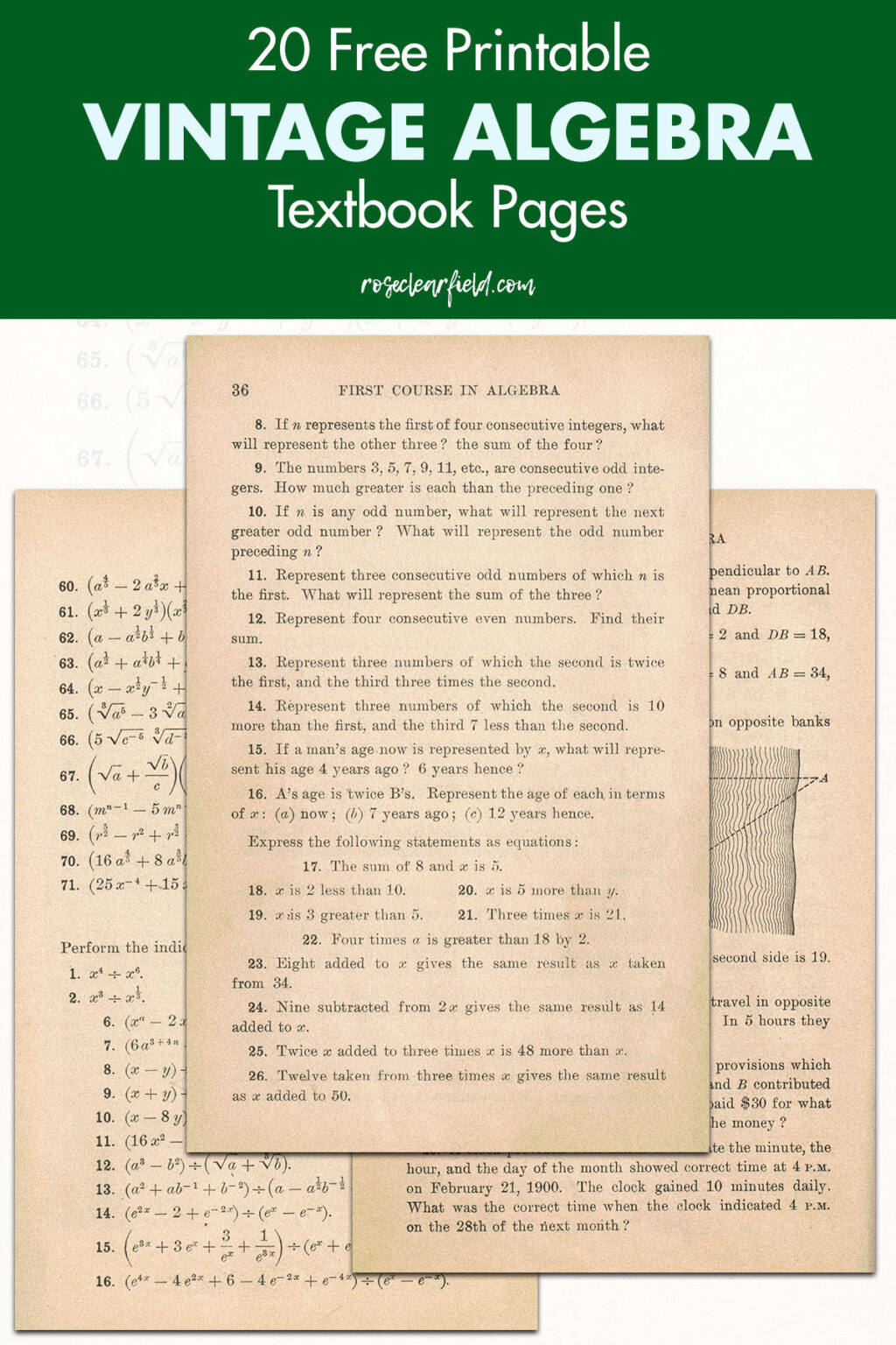 20 Free Printable Vintage Algebra Textbook Pages • Rose Clearfield