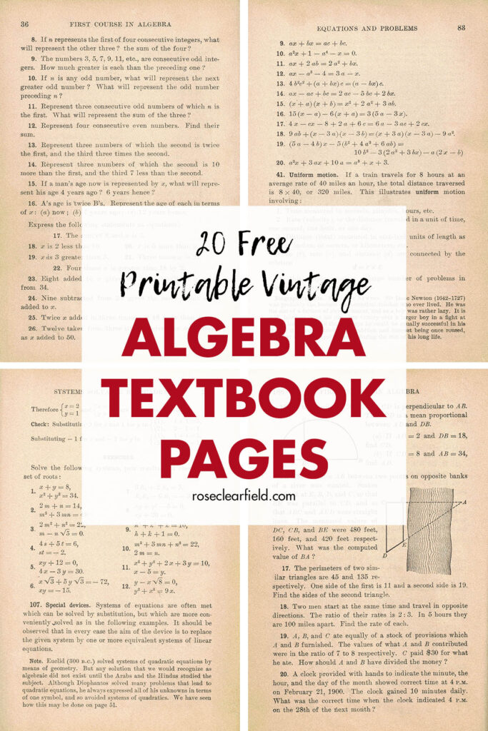 20 Free Printable Vintage Algebra Textbook Pages • Rose Clearfield