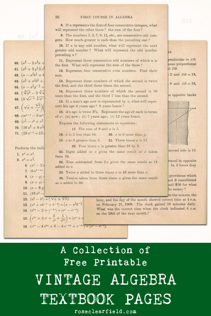 A Collection of Free Printable Vintage Algebra Textbook Pages • Rose ...