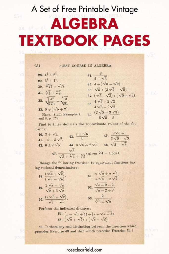 A Set of Free Printable Vintage Algebra Textbook Pages • Rose Clearfield
