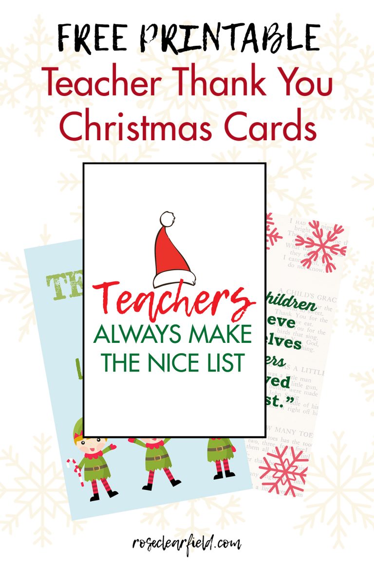 Free Printable Teacher Thank You Christmas Cards • Rose Clearfield