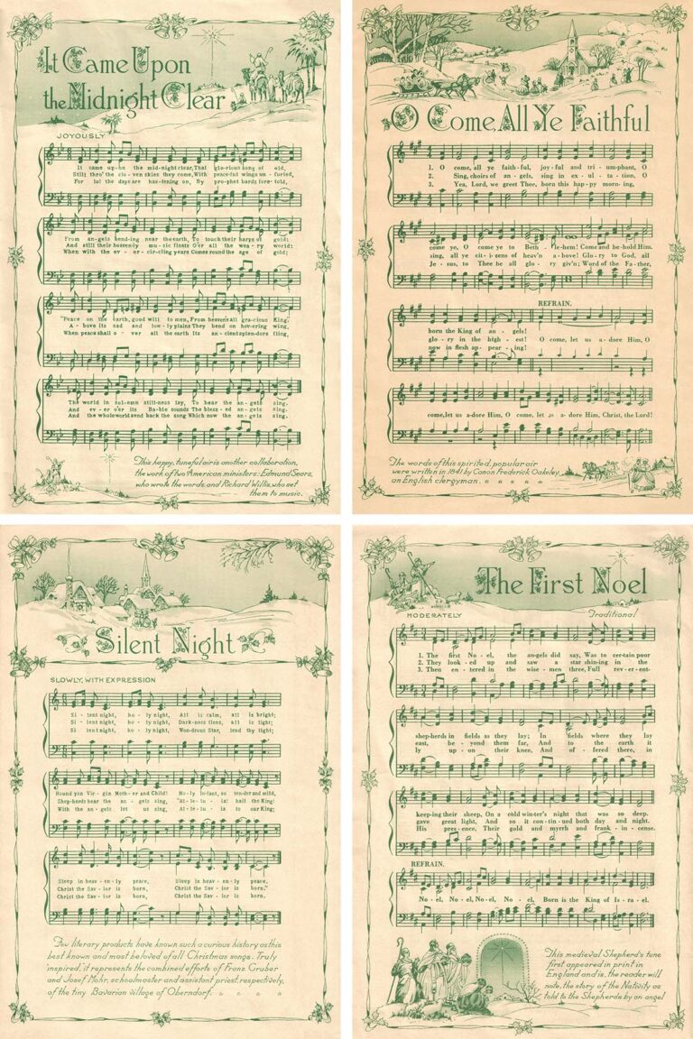 Free Printable Vintage Green Illustrated Christmas Carols • Rose Clearfield
